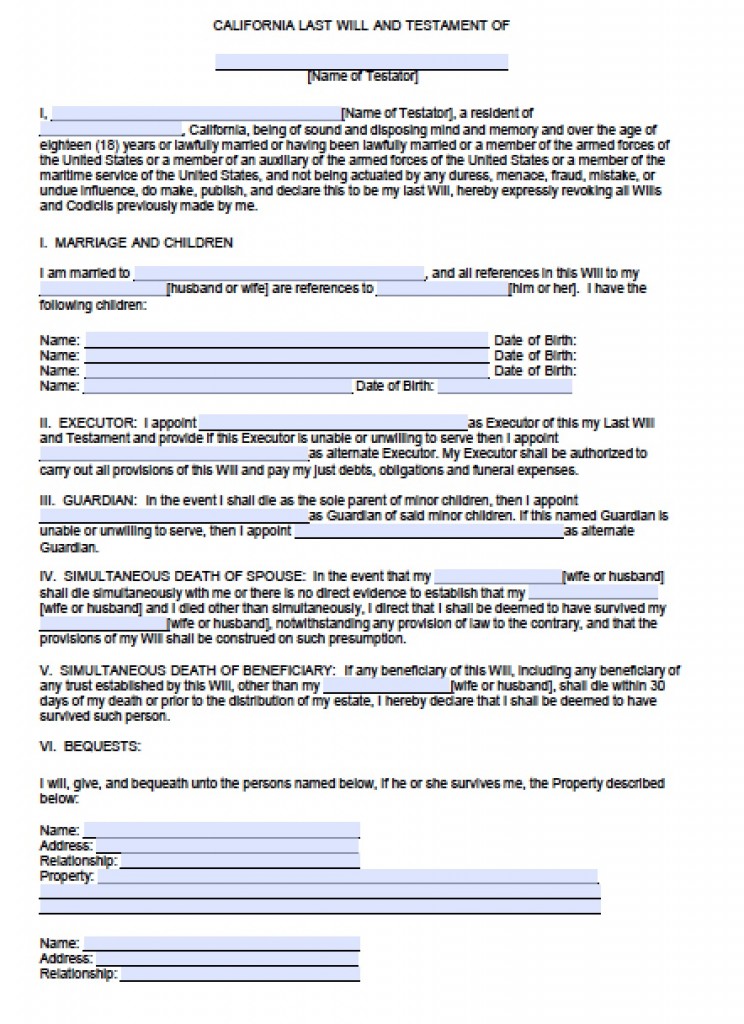 Printable California Last Will And Testament Free Template Printable 