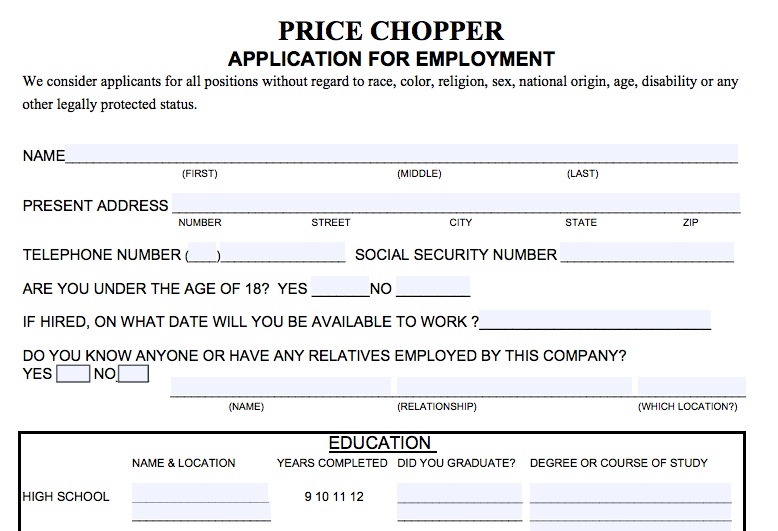 Download Price Chopper Job Application Form | Fillable Adobe PDF ...