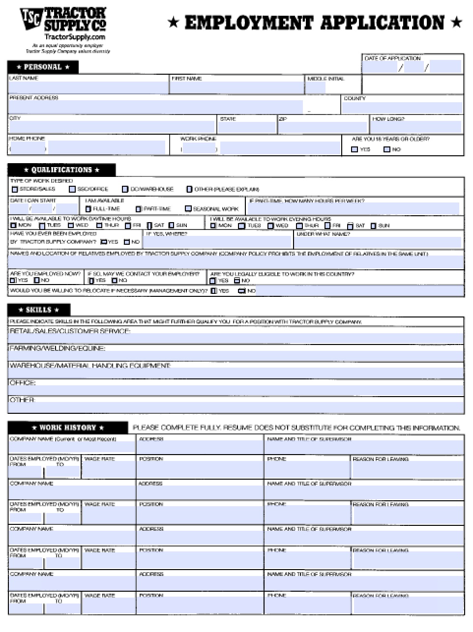 Download Tractor Supply Job Application Form | Fillable PDF wikiDownload